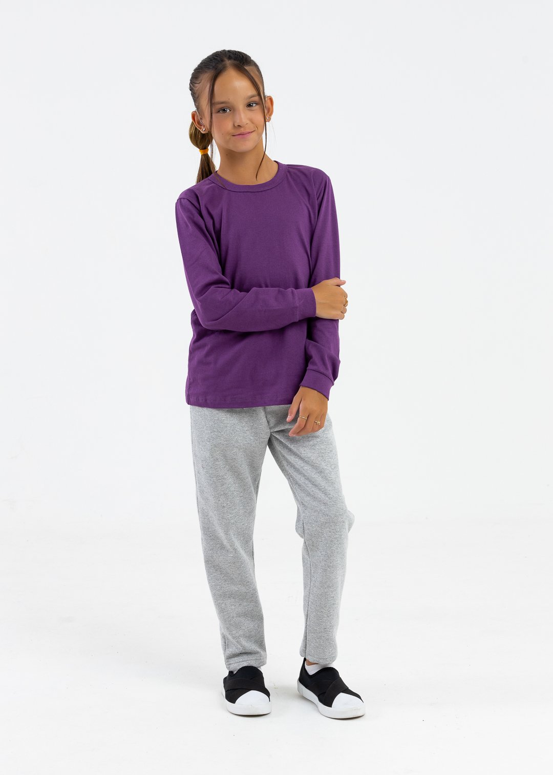 Conjunto Camiseta Meia Malha Roxa e Calça com Bainha Moletom Peluciado ...